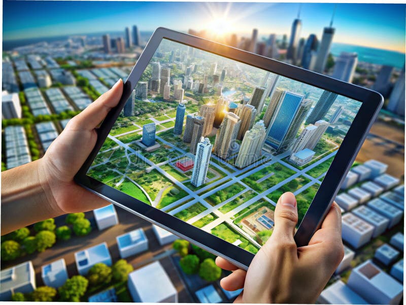 Close-up of a Digital Tablet Displaying a Virtual Map, Smart City, and ...