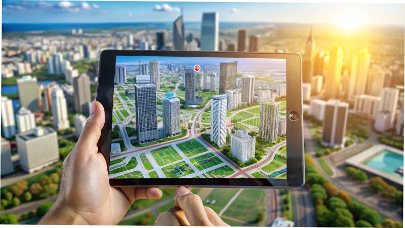 Close-up of a Digital Tablet Displaying a Virtual Map, Smart City, and ...