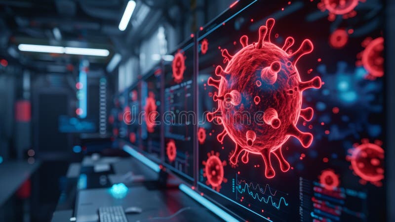 Close-up of Digital Virus on Futuristic Computer Screens in a Lab ...