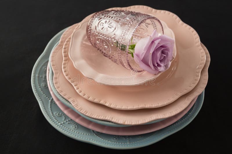 Dining Plates Set on Black Theme Table Stock Image - Image of occasion ...