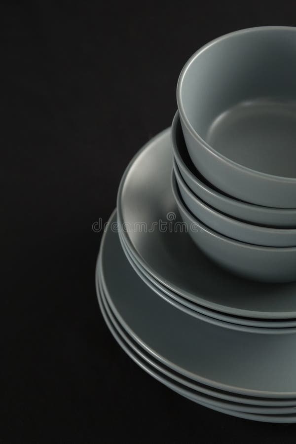 Dining Plates Set on Black Theme Table Stock Photo - Image of dinner ...