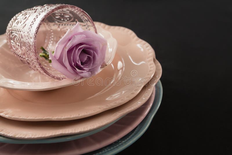 Dining Plates Set on Black Theme Table Stock Photo - Image of ...