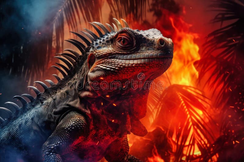 A Close-up of a Dinosaur in the Midst of a Raging Forest Fire ...