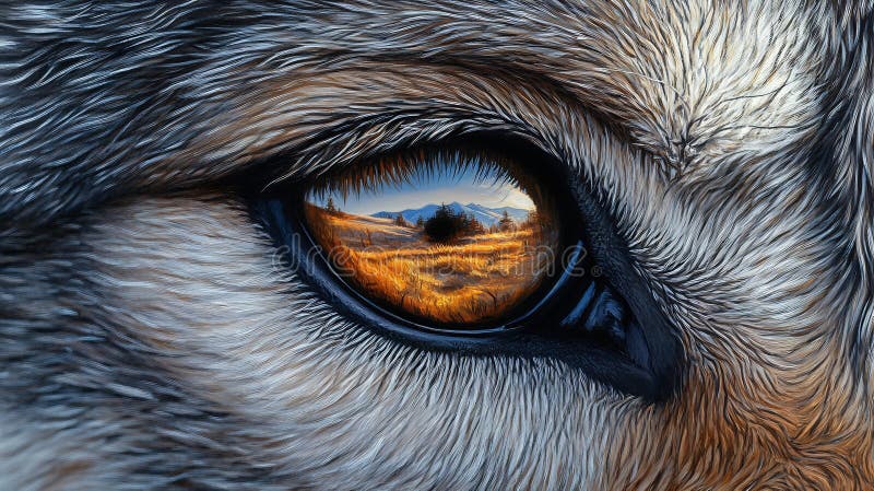 Close Up of Dire Wolfs Eye with Landscape Reflection, Hyper Realistic ...