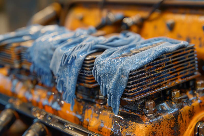 Close Up of a Dirty Engine with a Blue Rag on Top in a Mechanical ...