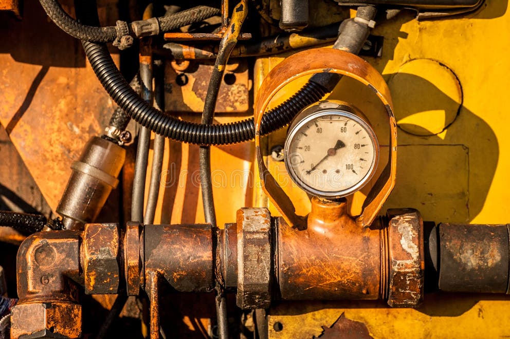 Close-up of Dirty Hydraulic Machine with Pressure Clock Stock Photo ...