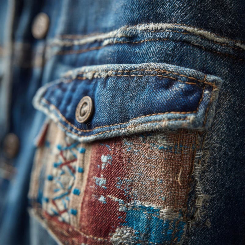 Close Up of Distressed Blue Denim Jacket Pocket with Embroidered Patch ...