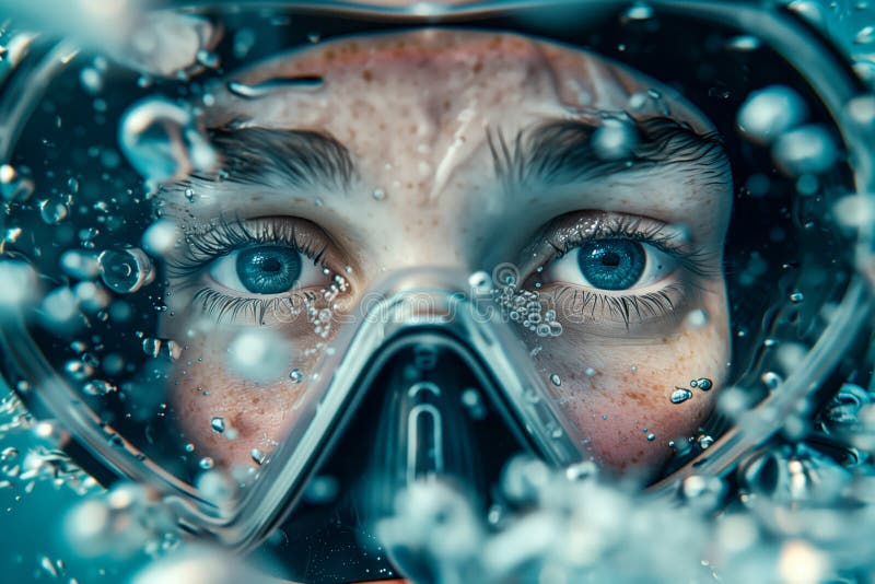 Close-up of Diver Underwater with Goggles, Surrounded by Bubbles ...