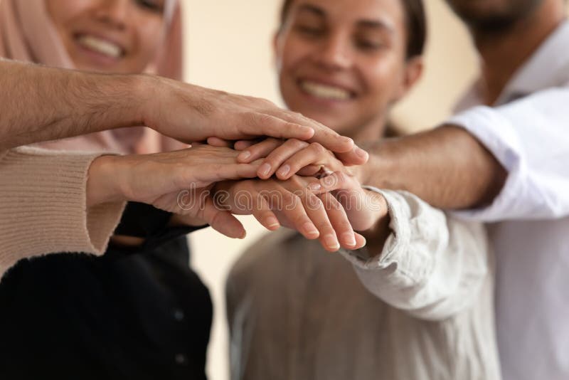 Close Up Stack Hands of Diverse International Company Workers. Stock ...