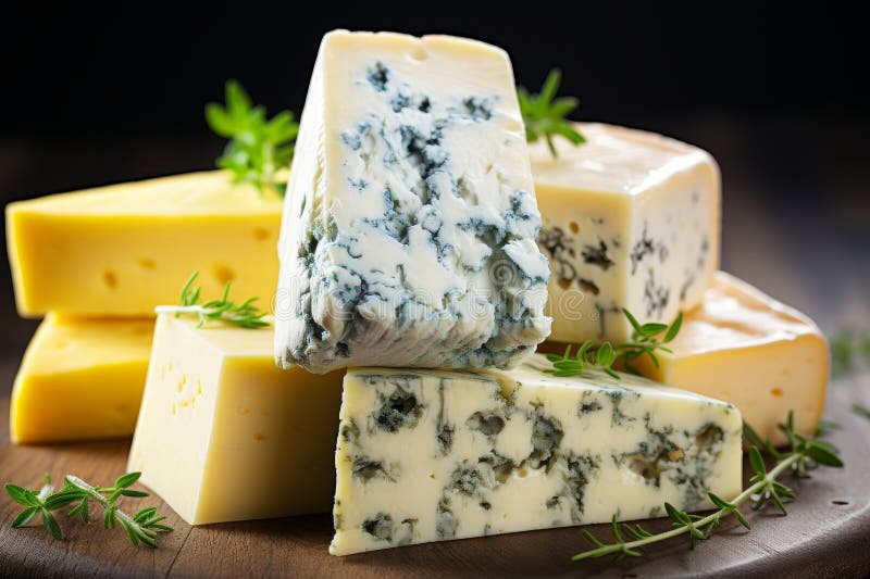 Close Up of Diverse Cheeses Featuring a Distinctive Wedge of Blue ...