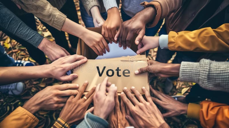 Close-up of a Diverse Group of Hands Dropping Ballots into a Box Stock ...