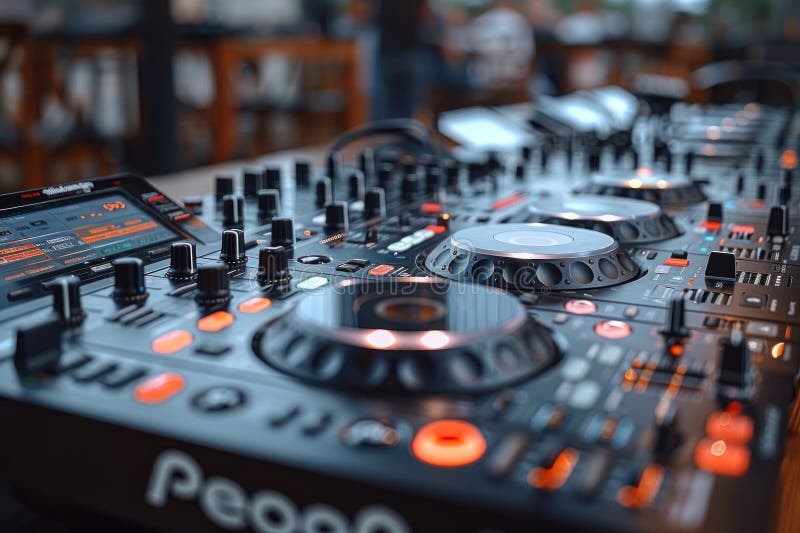Close Up of a DJ Controller on Table, Mixing Console Technology Stock ...