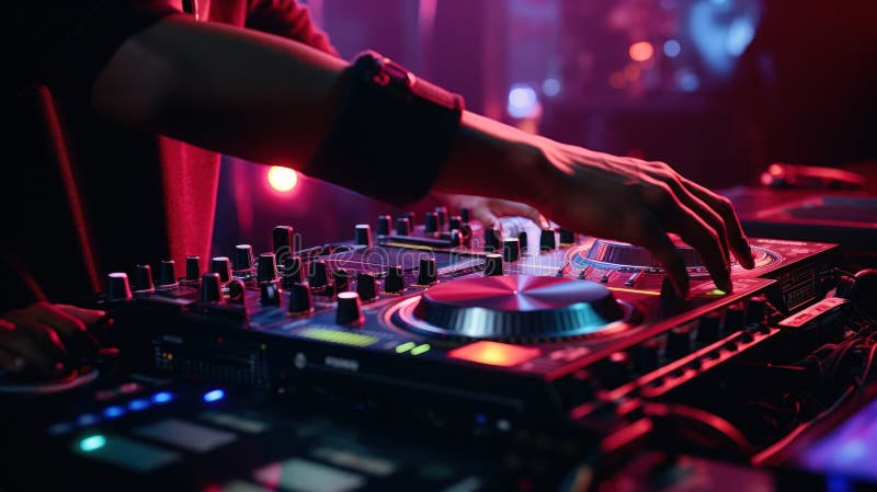 Close Up of DJ Hands Adjusting Controls on a Mixing Deck at a Party ...