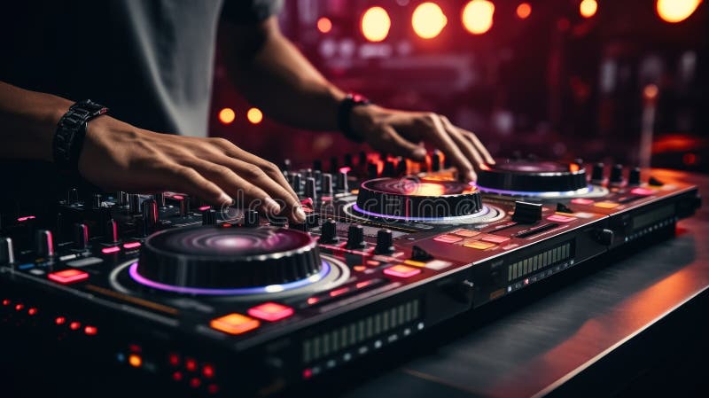 Close Up of DJ Hands Adjusting Controls on a Mixing Deck at a Party ...