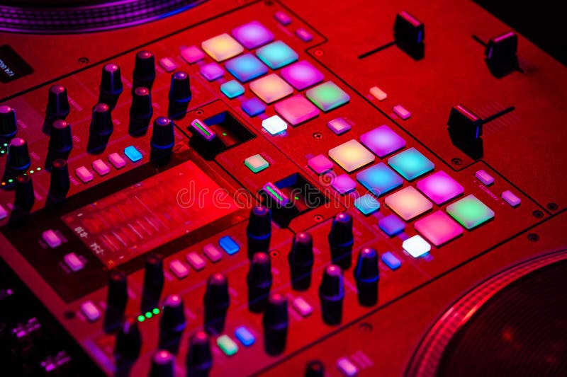 Close Up of DJ Mixing Console in Party Light Stock Photo - Image of ...