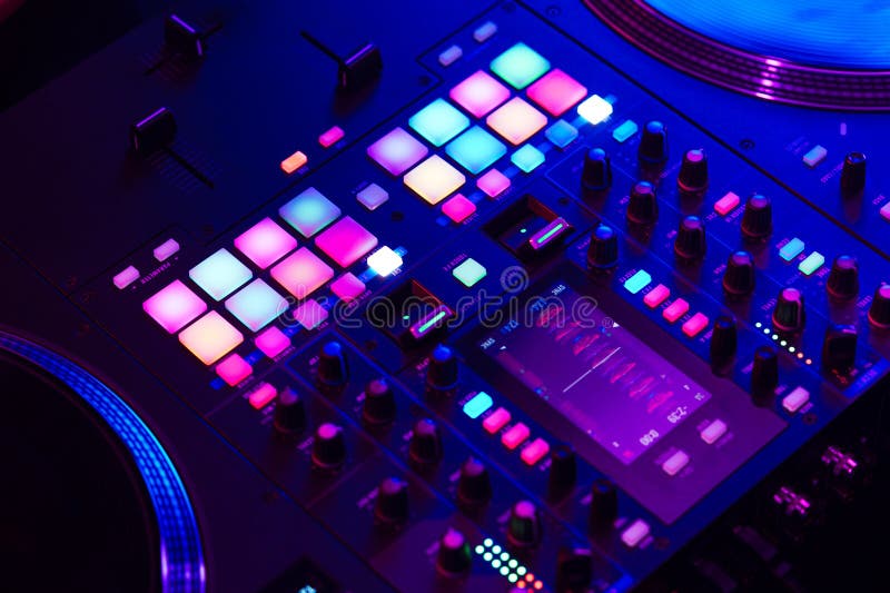 Close Up of DJ Mixing Console in Party Light Stock Photo - Image of ...