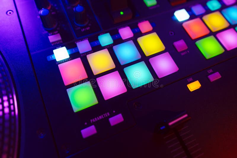 Close Up of DJ Mixing Console in Party Light Stock Image - Image of ...