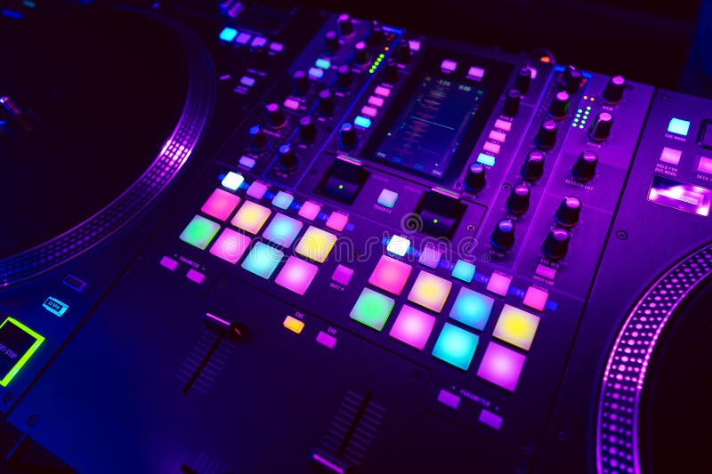 Close Up of DJ Mixing Console in Party Light Stock Image - Image of ...