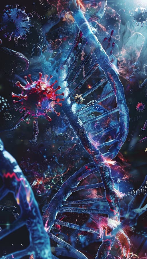 Close Up of Dna Double Helix with Virus Structures and Genetic ...