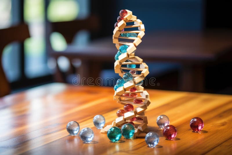 Close-up of Dna Helix Model on a Wooden Table with a Microscope Stock ...
