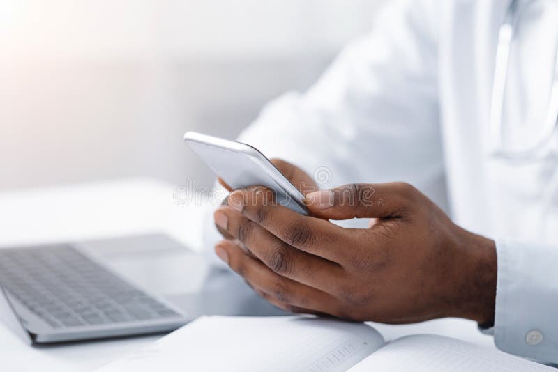 Close Up of Doc Hands Using Mobile Phone Stock Photo - Image of health ...