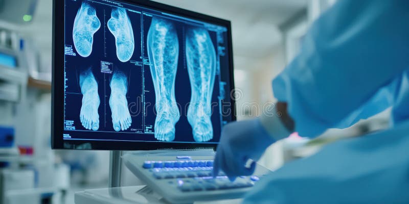 Close Up of Doctor Analyzing Leg and Foot X Rays on Computer Screen in ...
