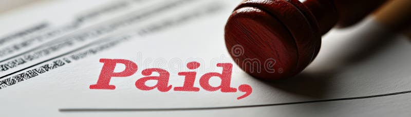 A Close-up of a Document Marked Paid with a Gavel in the Background ...