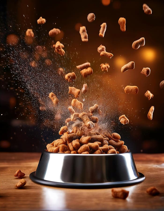 Close Up of Dog Bowl with Kibble Exploding in an Artistic Display ...