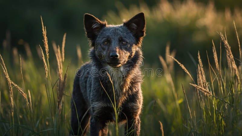 A Close-up of a Dog Standing in Tall Grass during Golden Hour Stock ...