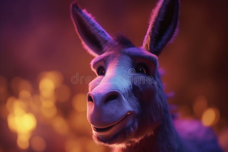 A Close Up of a Donkey Looking at the Camera with Blurry Lights in the ...