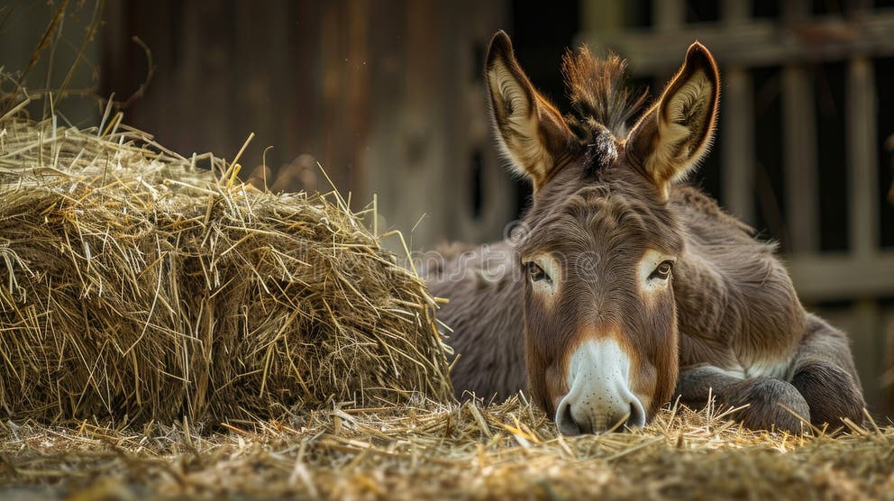 Close-up of a Donkey Resting in Straw Stock Illustration - Illustration ...
