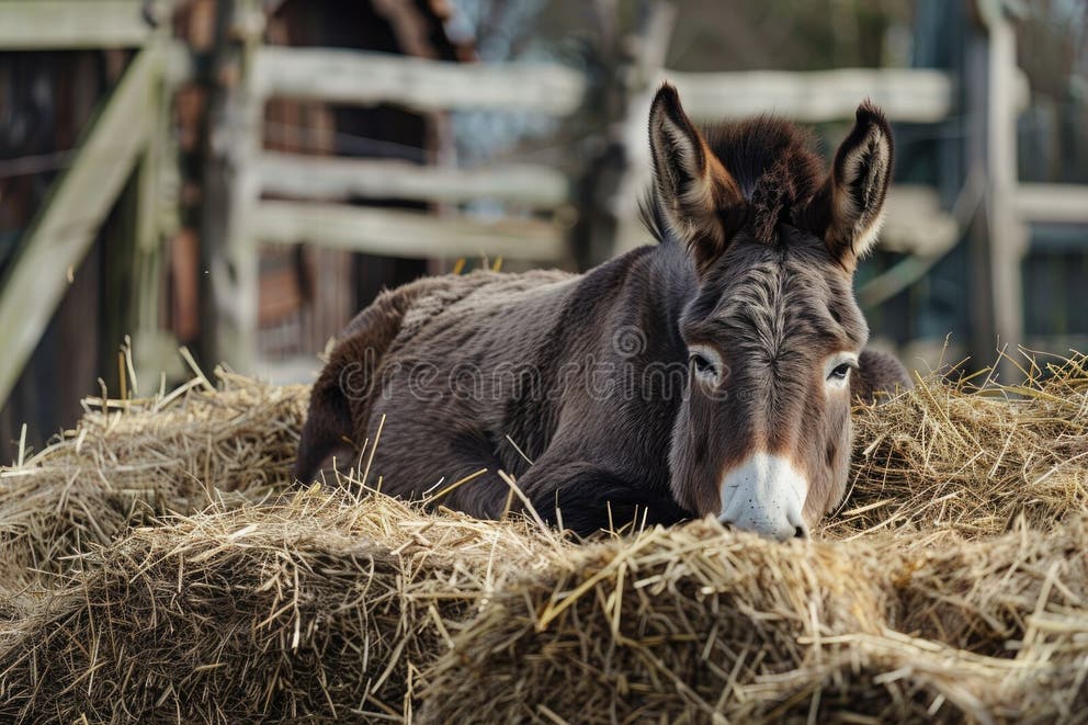 Close-up of a Donkey Resting in Straw Stock Illustration - Illustration ...
