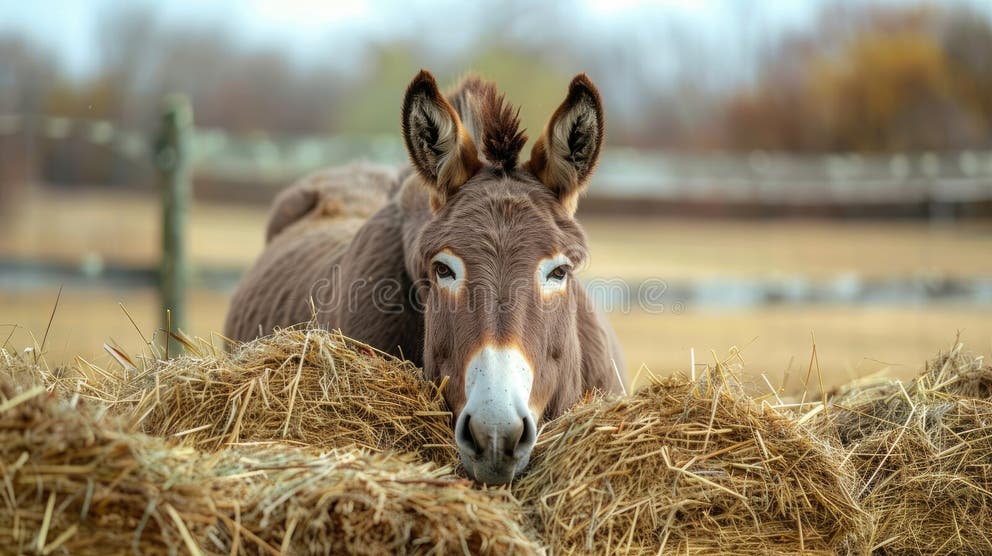 Close-up of a Donkey Resting in Straw Stock Illustration - Illustration ...