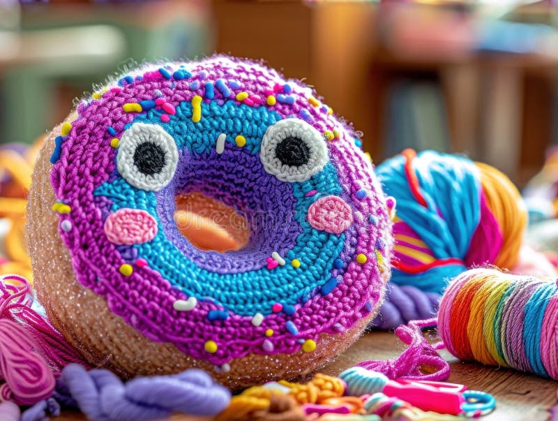 A Close Up of a Donut with Eyes and Yarn Around it, AI Stock Image ...