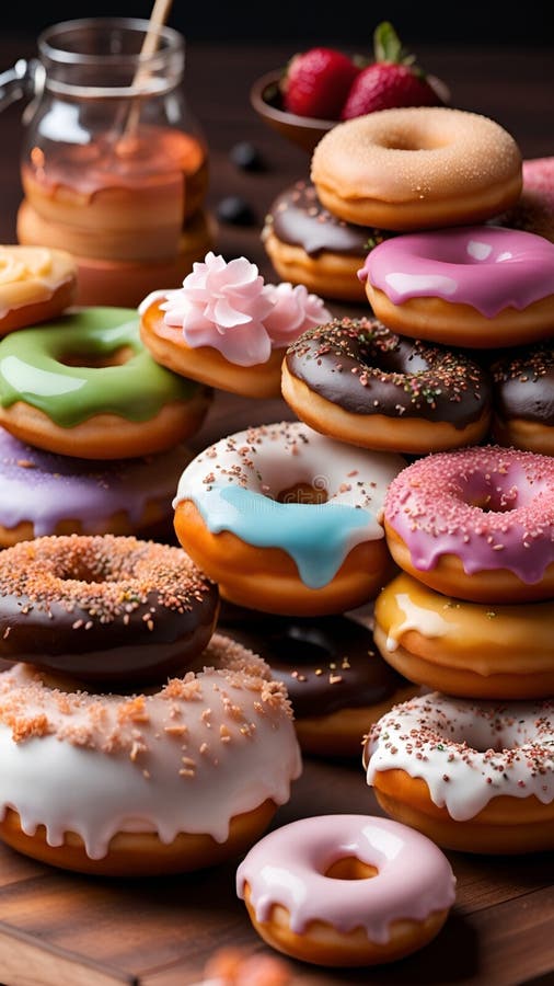 Close-up of Donuts on Wooden Table Illustration Artificial Intelligence Artwork Generated Stock ...