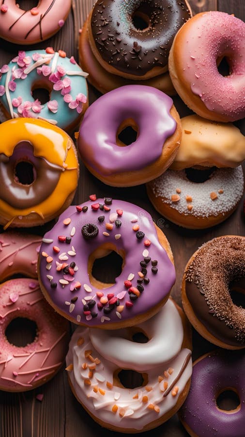 Close-up of Donuts on Wooden Table Illustration Artificial Intelligence Artwork Generated Stock ...
