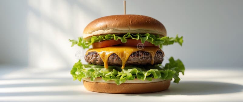 A Close Up of a Double Stacked Burger on a White Surface. Stock Photo ...