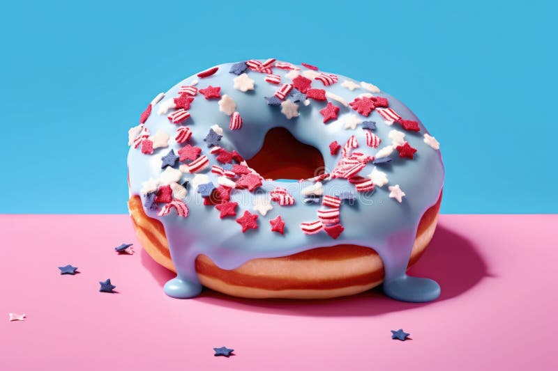 Close Up of a Doughnut Sprinkled with Frosting and Red Blue Candy Bits ...