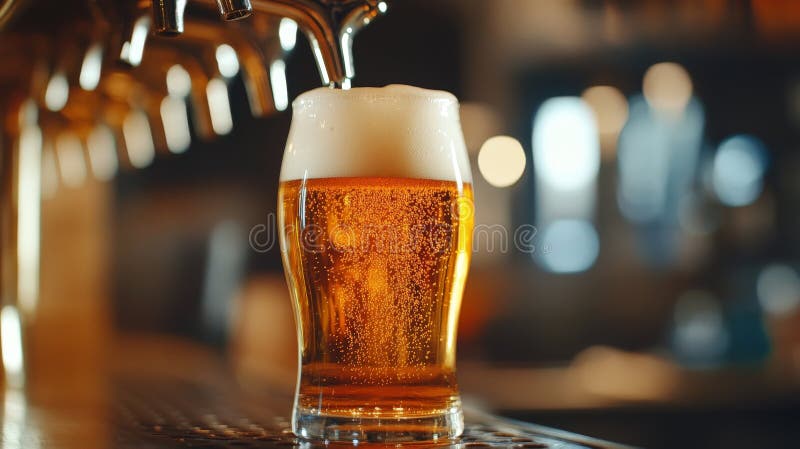 Close-Up of Draft Beer Glass with Foam in a Pub on a Bar Counter Stock ...