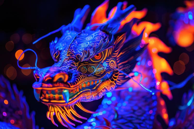 Close-up of a Dragon Statue Lit by Neon Lights Stock Photo - Image of ...