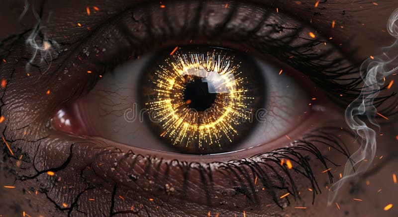 Fiery Gaze: Intense Eye with Glowing Iris, Sparks, and Smoke Stock ...