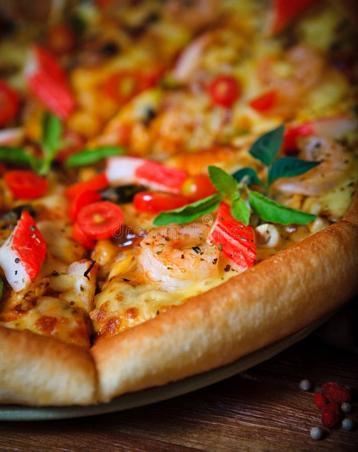 Close Up on Dressing of Sea Food Pizza Vertical Form Stock Photo ...