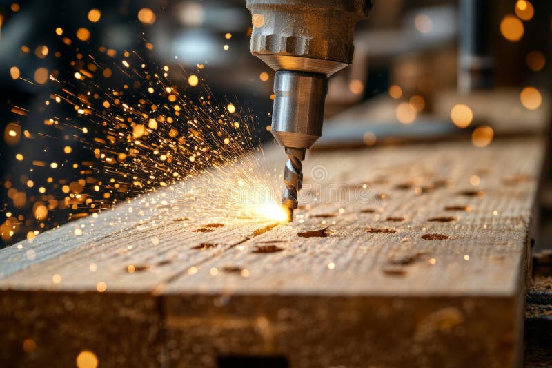 Drill Cutting into Wood with Sparks in Workshop Stock Photo - Image of ...