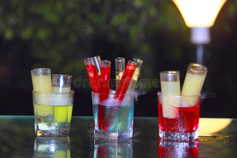 Close-Up of Drinks in Test Tubes and Long Glasses Stock Photo - Image ...