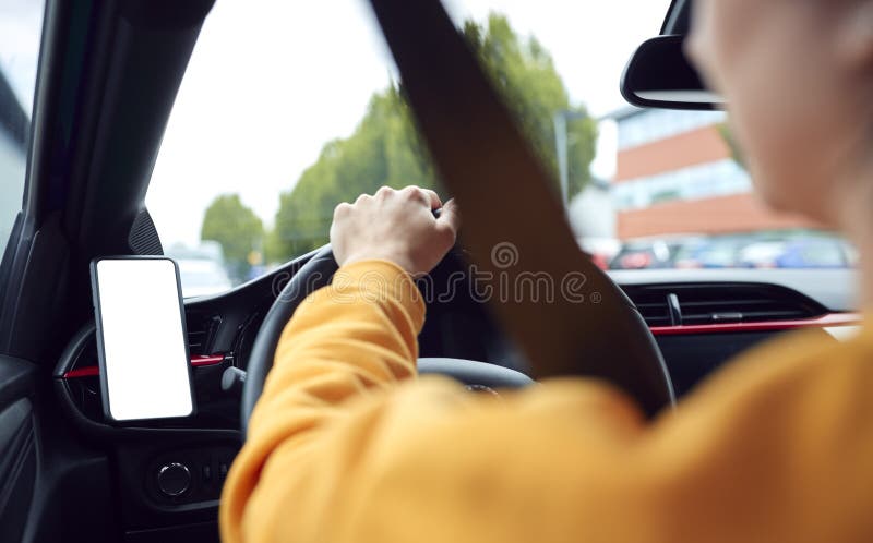 Close Up of Driver with Hands Free Unit for Green Screen Mobile Phone ...