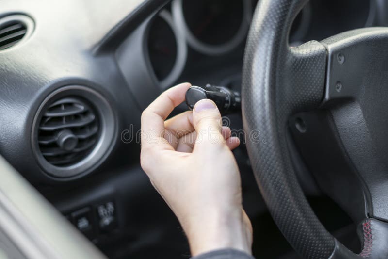 A Close Up Driver Shift Turn Signal on, Car Light Set Button Stock ...