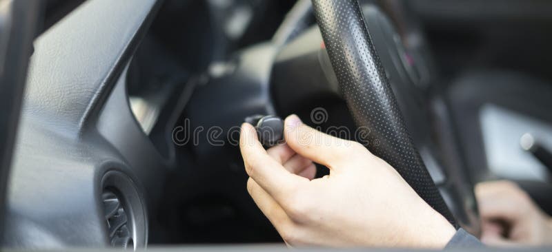 A Close Up Driver Shift Turn Signal on, Car Light Set Button Stock ...