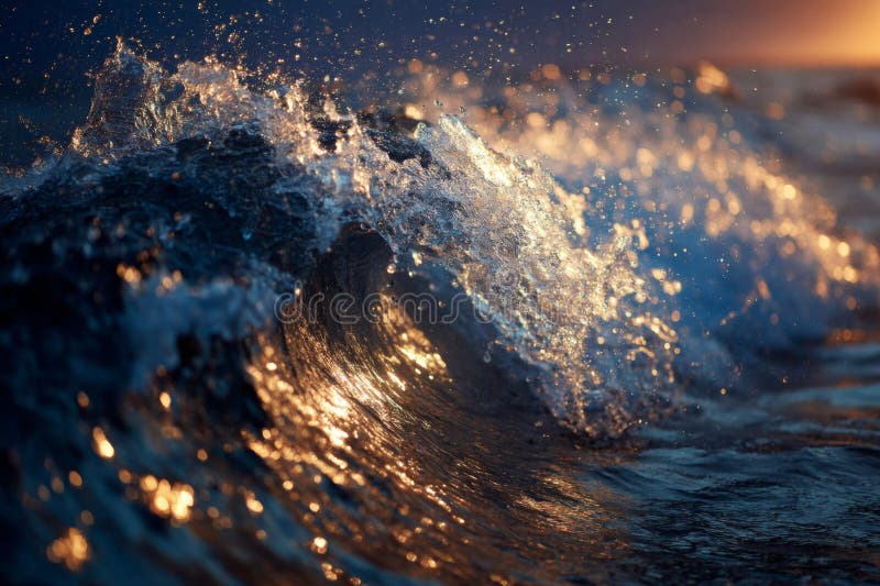 Close-Up of a Dynamic Ocean Wave at Sunset Stock Illustration ...