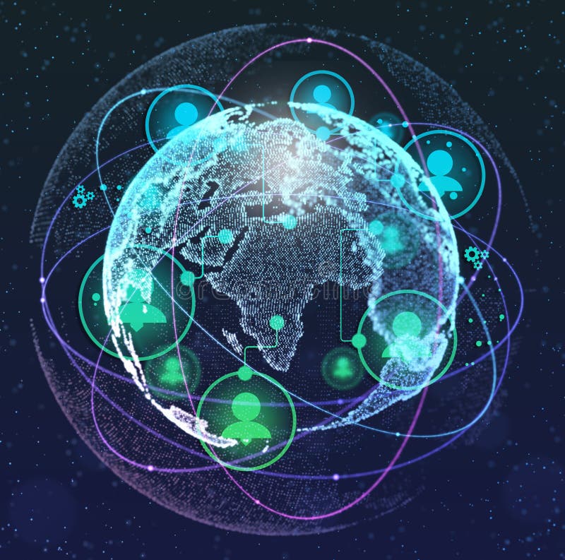 Close Up of the Earth in the Dark Blue Background and a Network on Top ...