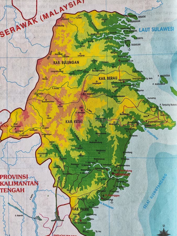 East Kalimantan Map and Major Cities Around it on Physical Map Stock ...